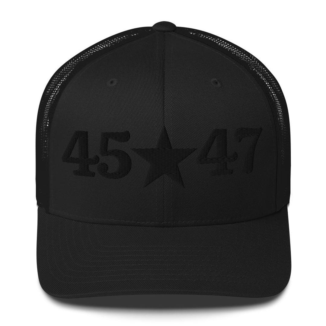 All Black Trump 45 47 Star Embroidered Trucker Cap | RNC | 2024 ...