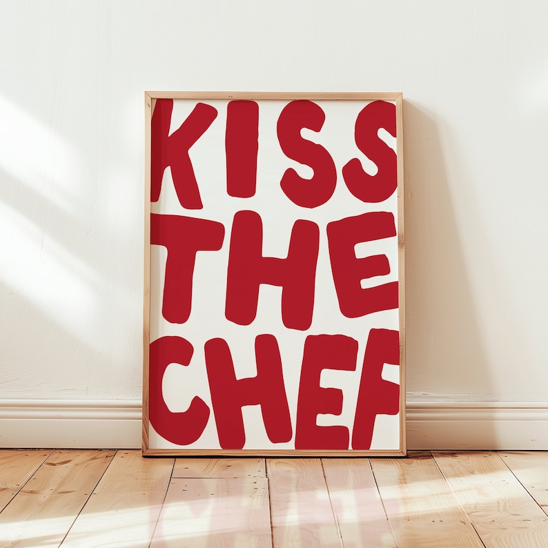 Kiss the Chef Art Print Retro Red Typography Kitchen Print Kitchen ...