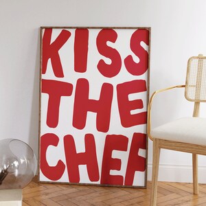 Kiss the Chef Art Print | Retro Red Typography Kitchen Print Kitchen ...
