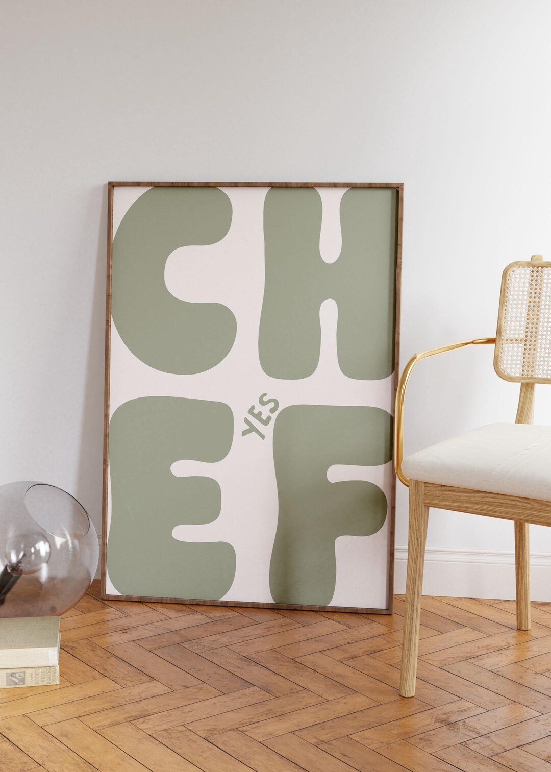Yes Chef Art Print | Retro Sage Green Neutral Typography Kitchen Print ...