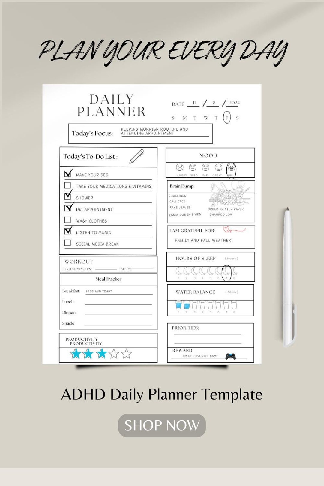 ADHD Daily Planner Printable, Self-care, Digital, Checklist, Daily ...