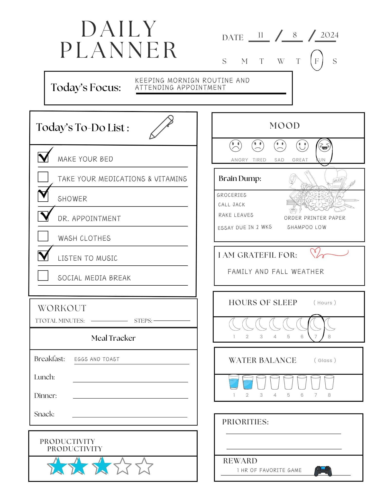 ADHD Daily Planner Printable, Self-care, Digital, Checklist, Daily ...