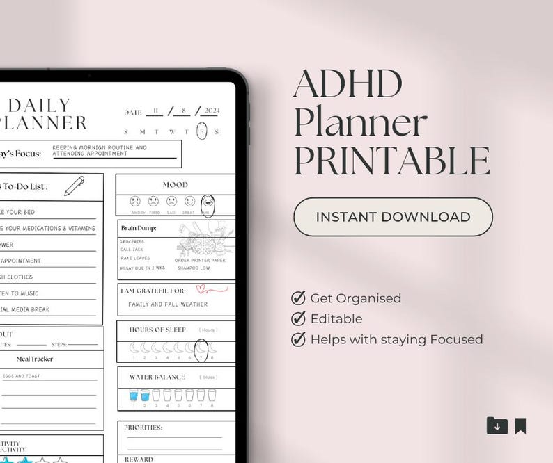 ADHD Daily Planner Printable, Self-care, Digital, Checklist, Daily ...