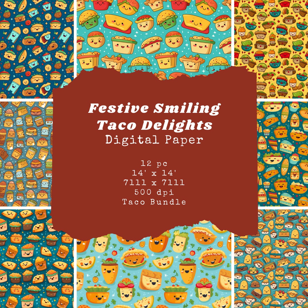 Festive Smiling Taco Delights Digital Paper - 12 Bundle - Commercial ...