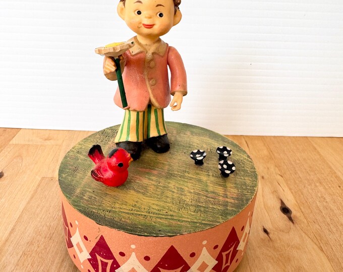 Vintage Anri Wood Music Box Boy With Flower and Bird Plays the ...
