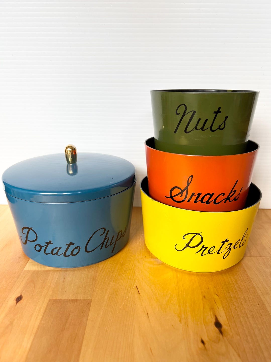Mid Century Stacking Canister Snack Set, Chips, Pretzels, Nuts, Lid ...