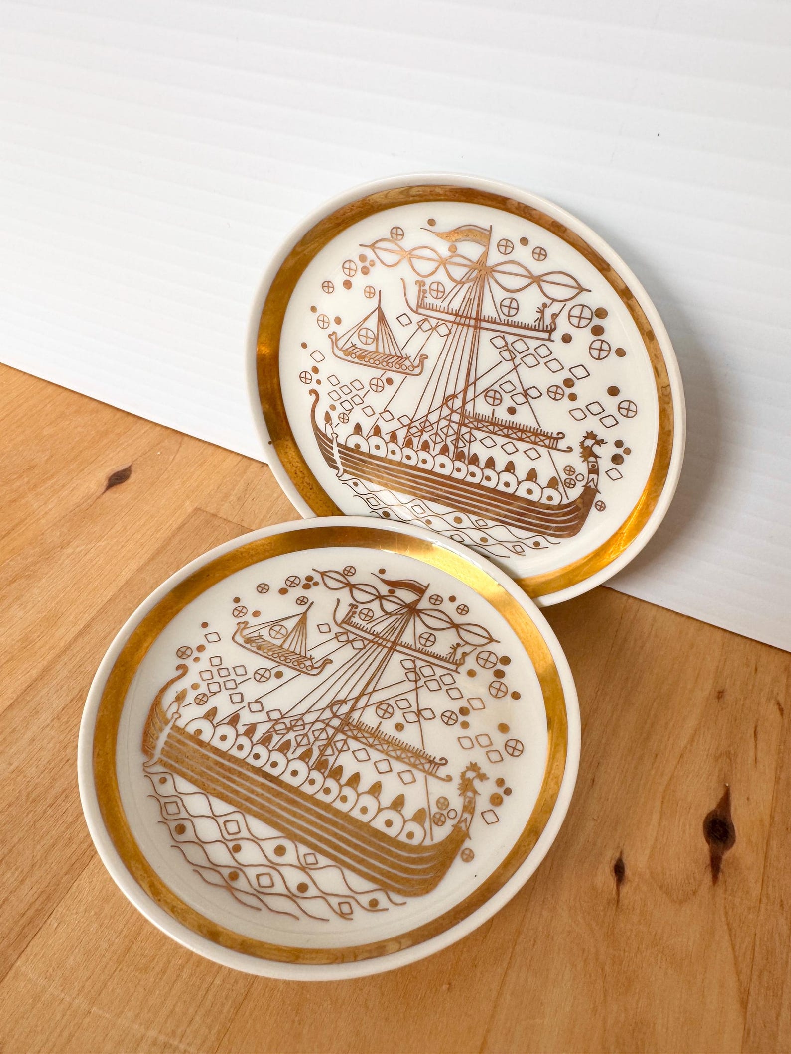 Vintage Porsgrund Gold Viking Ship Coaster Plates Set of 2 - Etsy