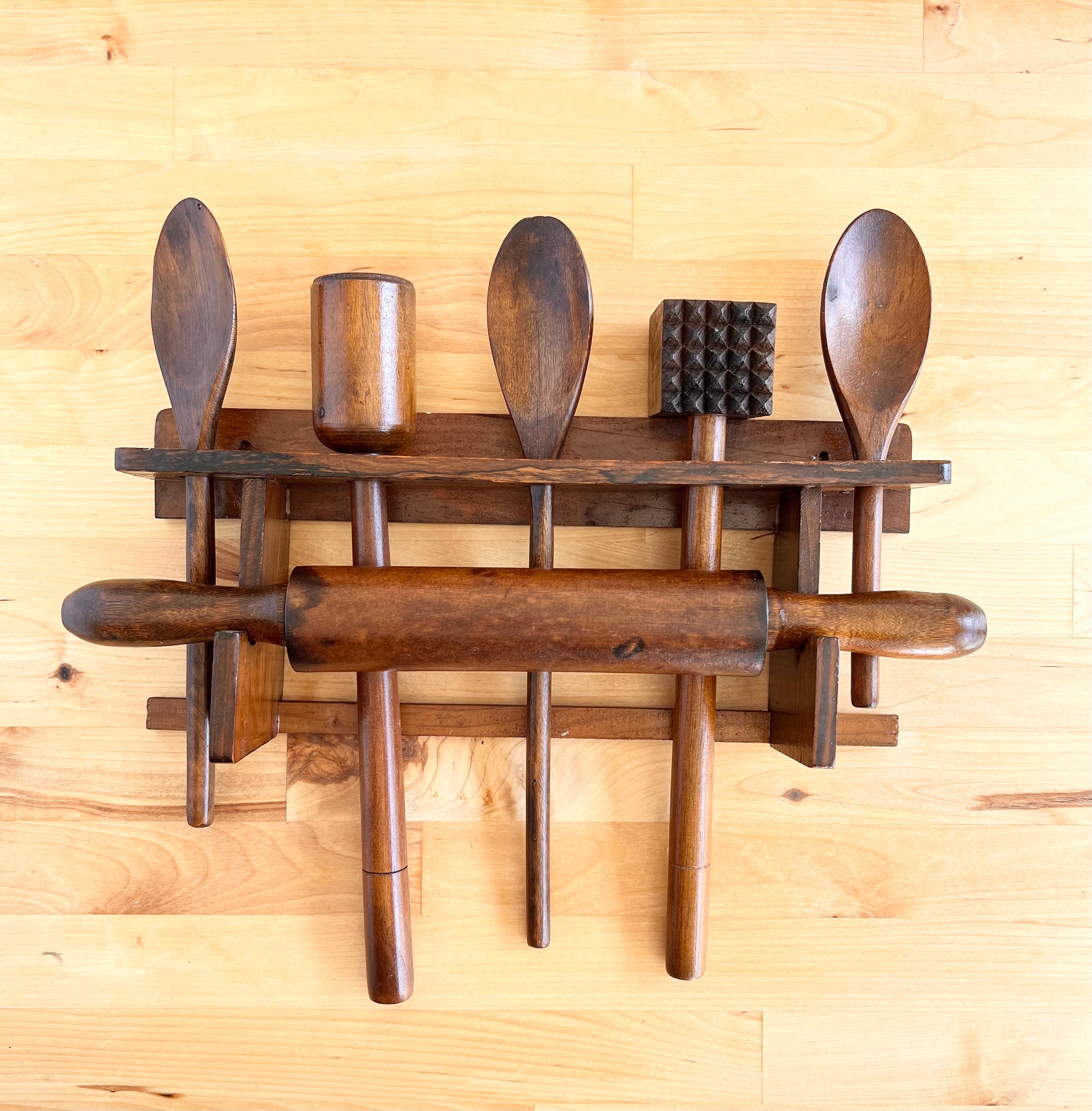 Vintage Wooden Utensils on Hanging Rack Rustic and Primitive - Etsy