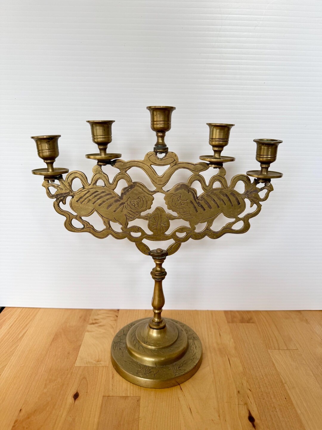 Antique Chinese 5 Candle Brass Candelabra Double Tiger/lion Etched - Etsy