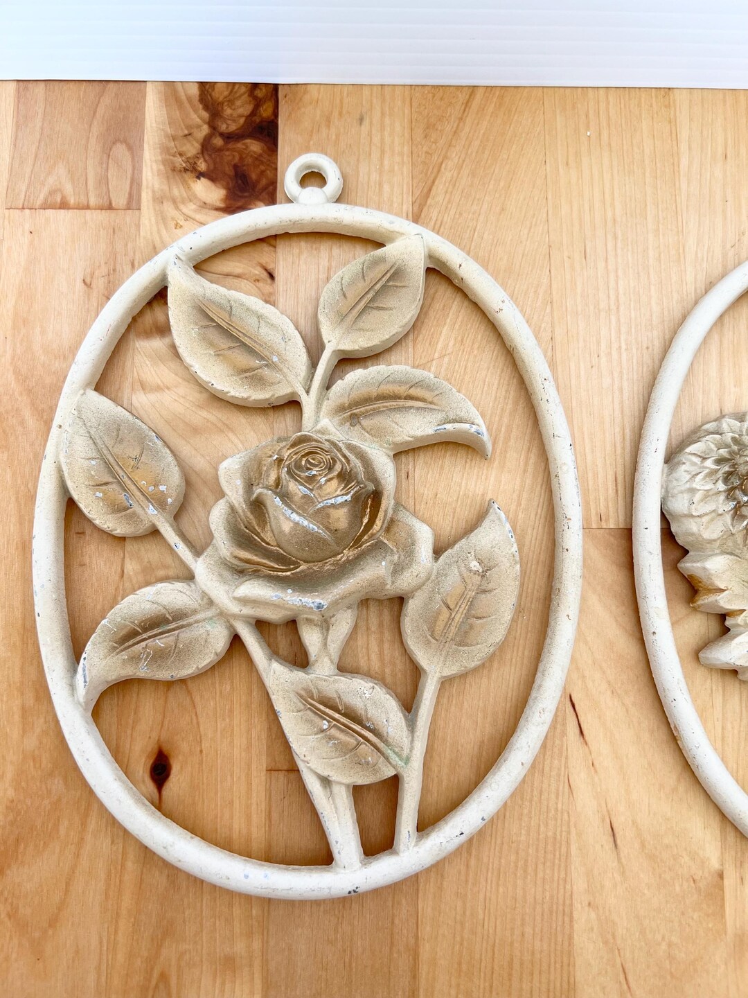Vintage Set of 2 Metal Sexton Wall Hanging, Cream and Gold Floral Art ...