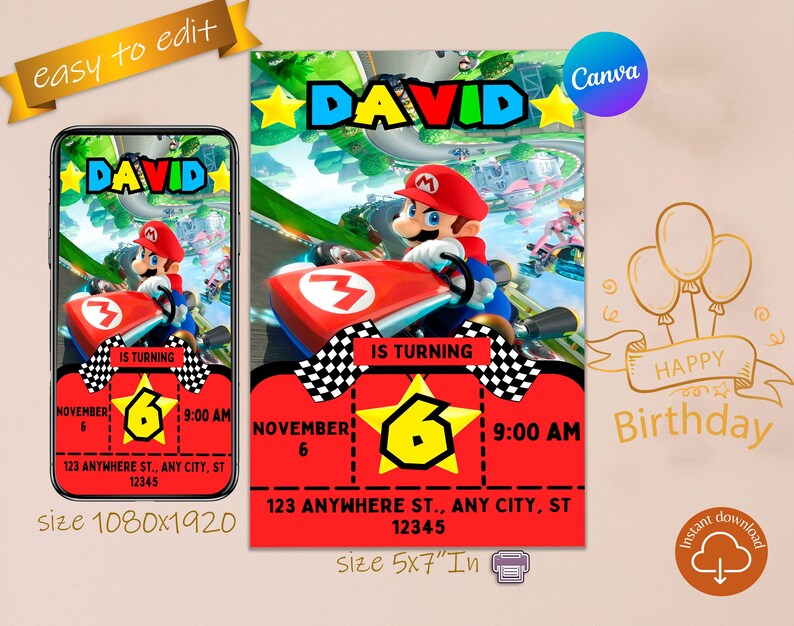 Mario Kart Birthday Invitation Mario Kart Birthday Party - Etsy