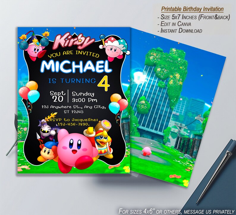 Kirby Birthday Invitation / Printable Editable Birthday Card/ Kirby ...