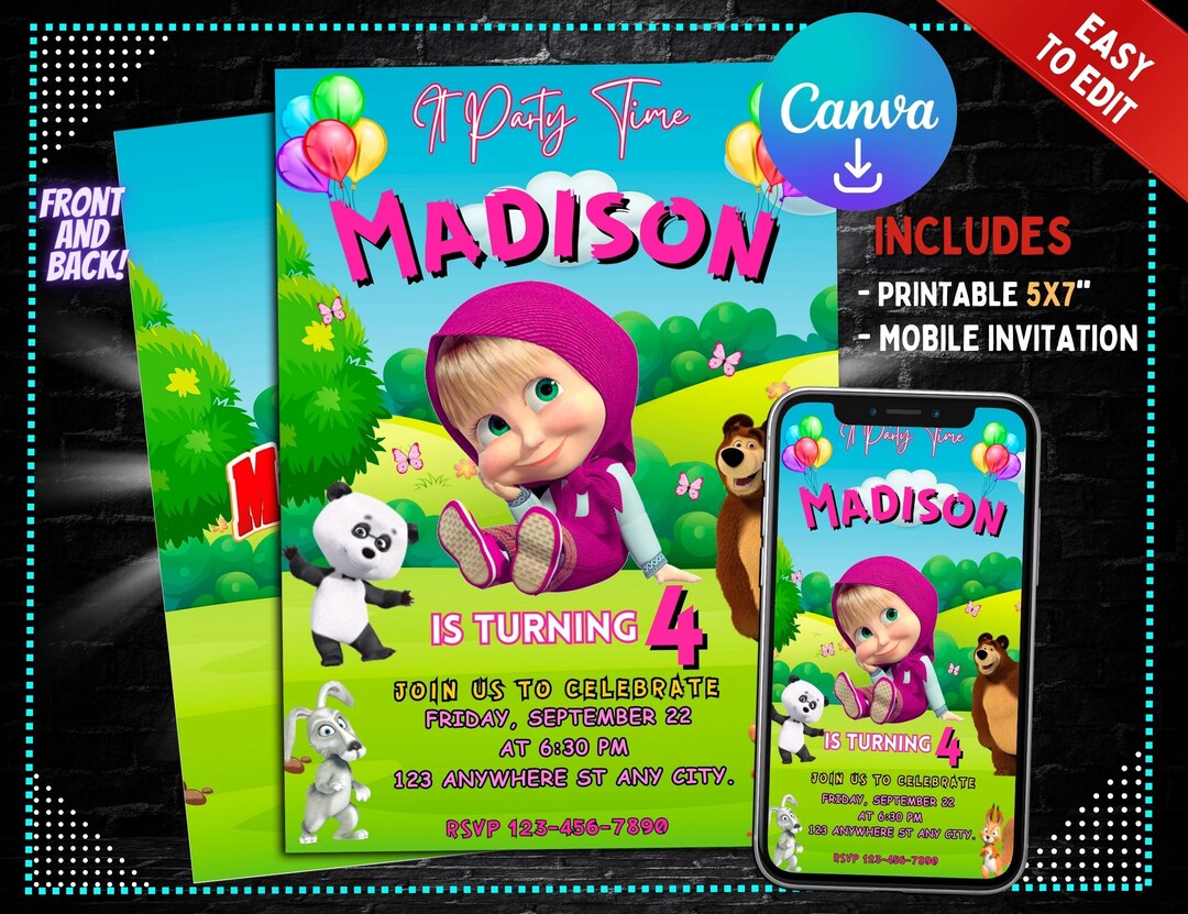 Masha And The Bear Birthday Invitation Masha Invitation Template Masha
