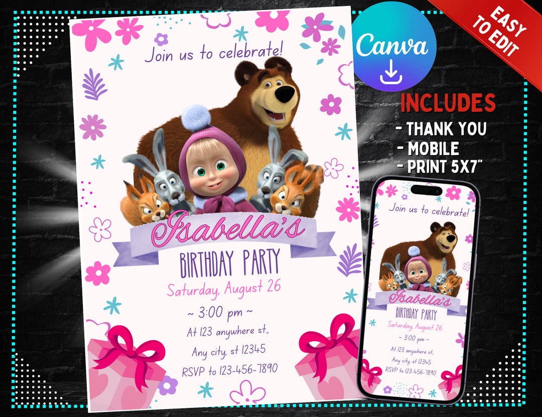 Printable Masha and the Bear Invitation Thank You Card Free - Etsy UK
