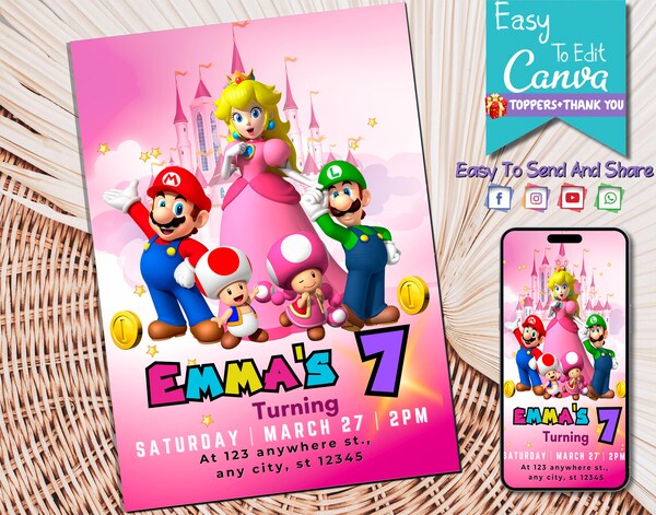 Super Mario Princess Birthday Invitation Card, Super Mario Bros, Mario ...