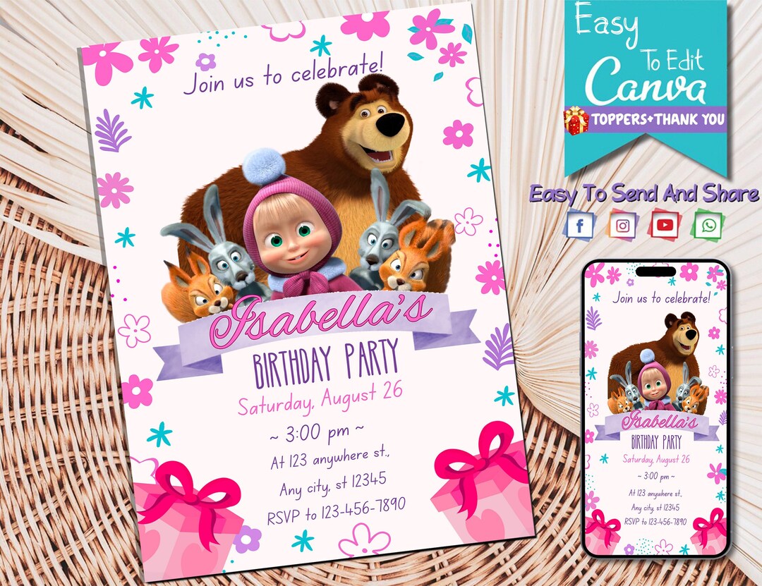 Invitación Masha Y El Oso / Tarjeta De Agradecimiento Gratis / - Etsy ...