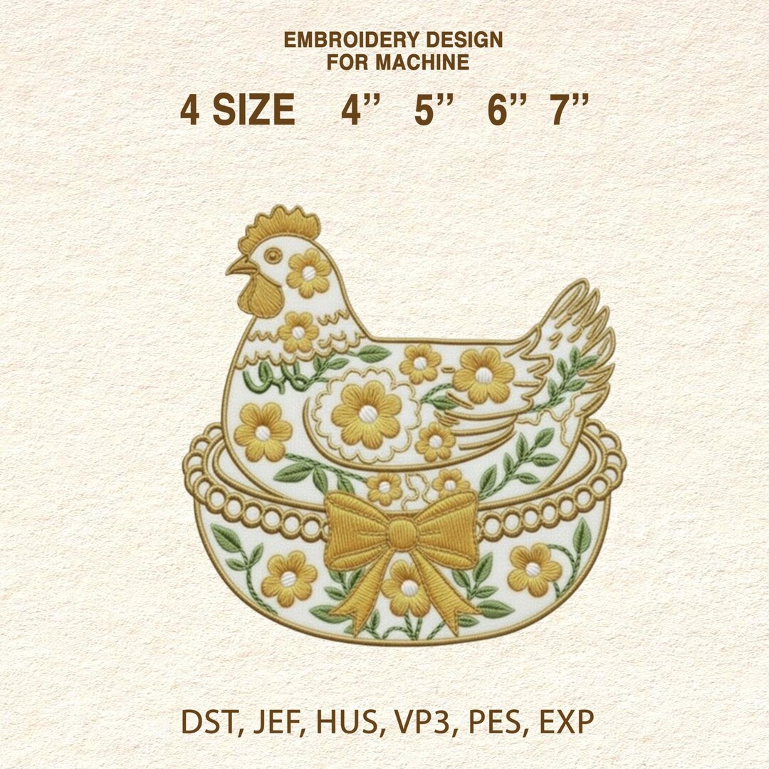 Elegant Floral Hen Embroidery Design - Decorative Bowl & Bow - Digital ...