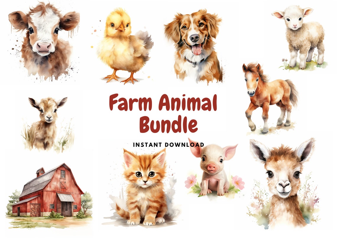 Animal Clip Art Bundle Farm Animals Cow Chicken Dog Lamb Horse - Etsy