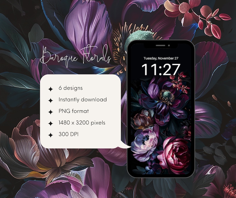 Dark Baroque Florals iPhone Wallpaper Bundle | Set of 6 | Instant ...