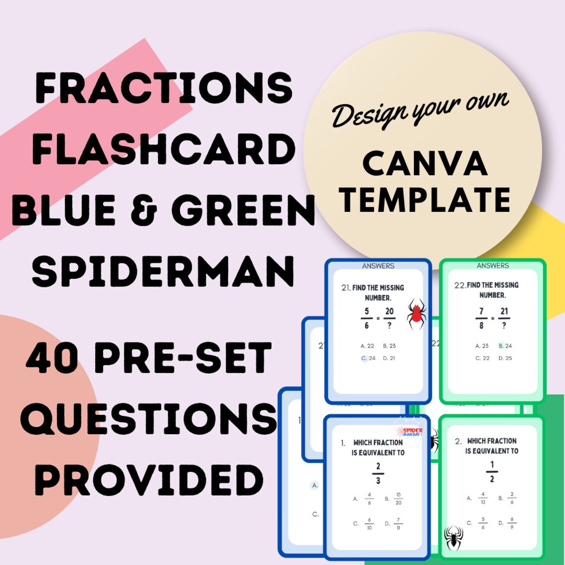 Fractions Multiplication Flashcards Blue Green Spiderman Theme Editable ...
