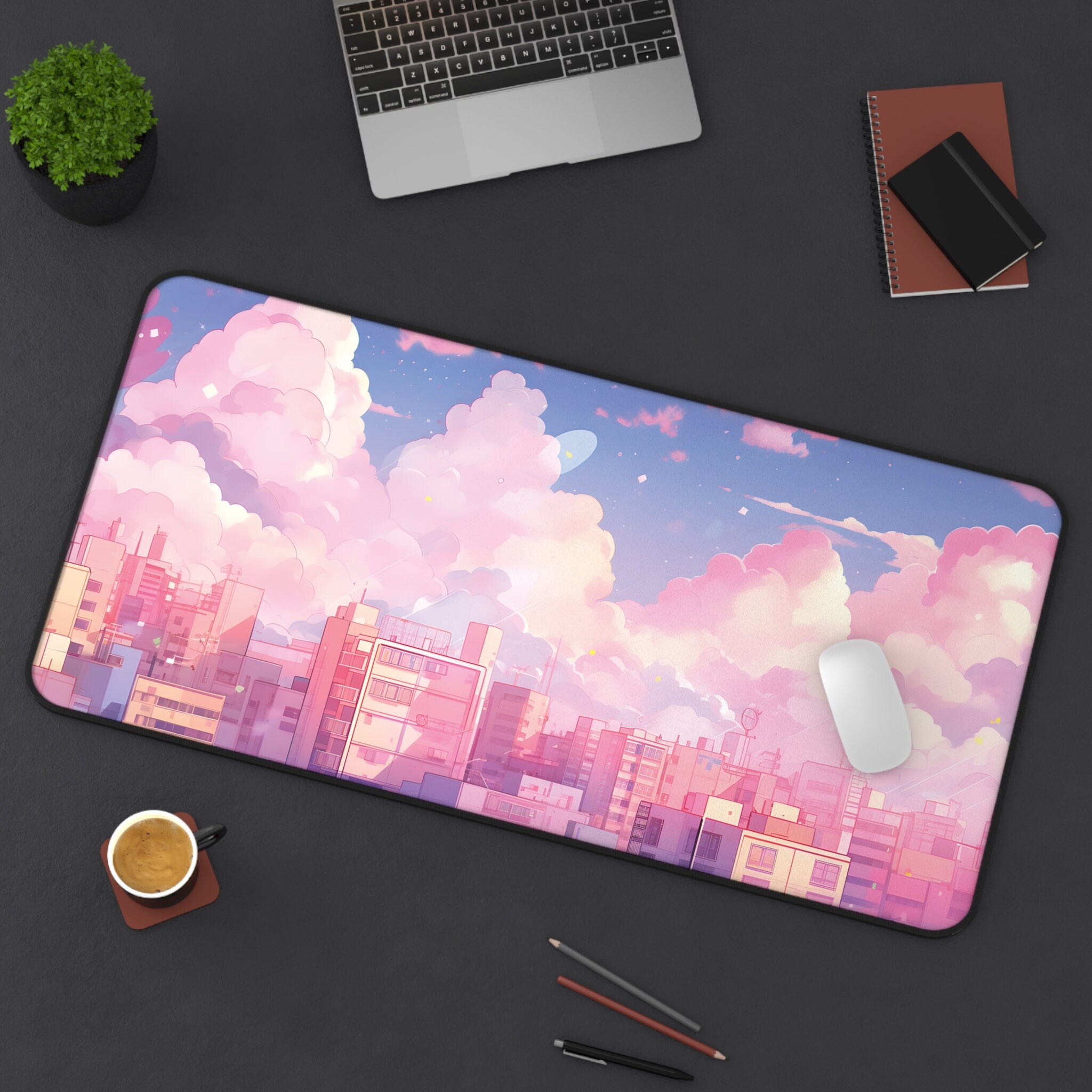 Lofi Cityscape in Baby Pink and Blue Desk Mat, Lofi Aesthetic ...