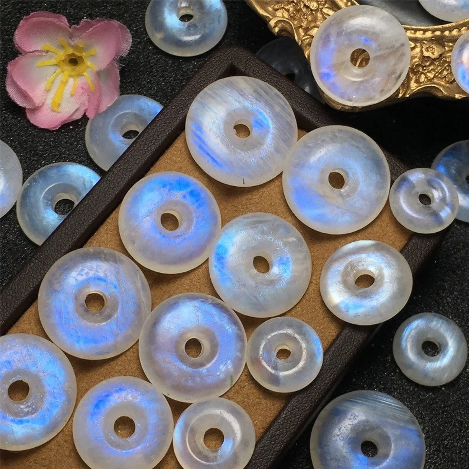 4 pieces 100% Natural moonstone donut Shape Carved Gemstone, Loose ...