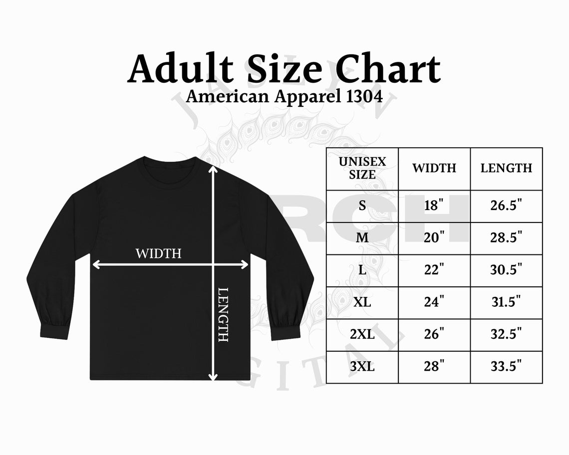 Instant Download 1304 American Apparel Size Chart, Unisex Classic Long Sleeve T-shirt ...
