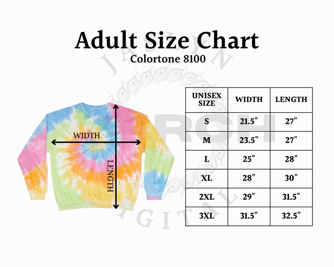 Instant Download 8100 Colortone Size Chart, Unisex Tie-dye Sweatshirt ...