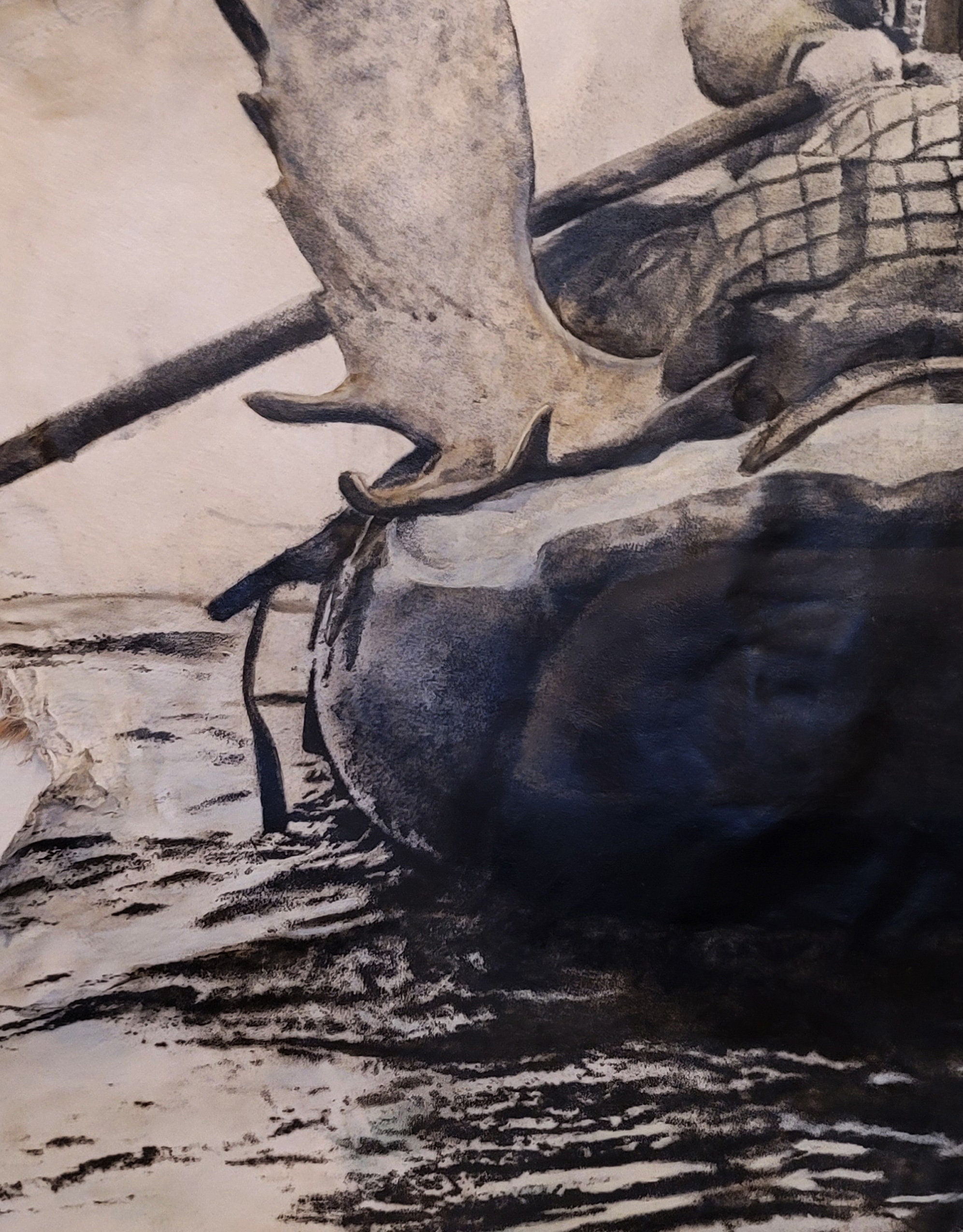 70" X 65" Man Paddling in Raft After a Moose Hunt Painted on a Large ...