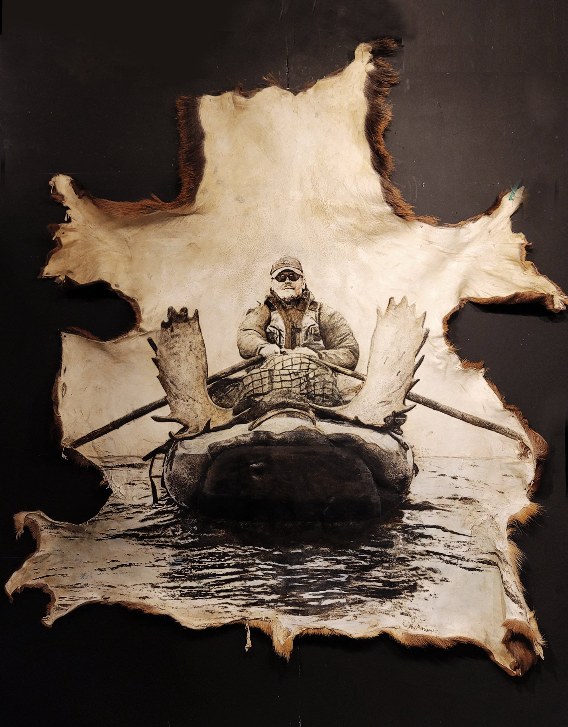 70" X 65" Man Paddling in Raft After a Moose Hunt Painted on a Large ...