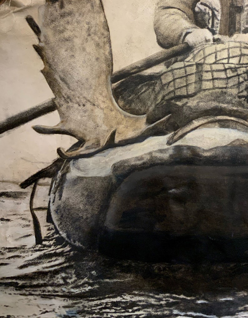 70" X 65" Man Paddling in Raft After a Moose Hunt Painted on a Large ...