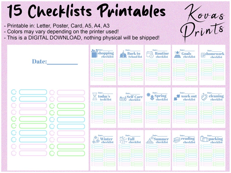 15 Checklists Printables Bundle, Pack Print in Letter, Poster, Card, A5 ...