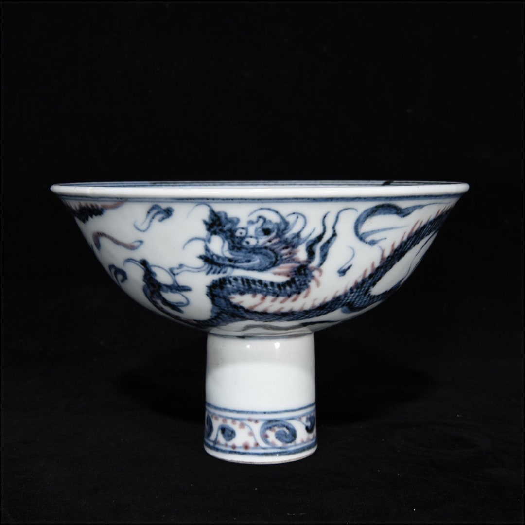 Chinese Blue and White Glazed Red Dragon Pattern High Foot - Etsy
