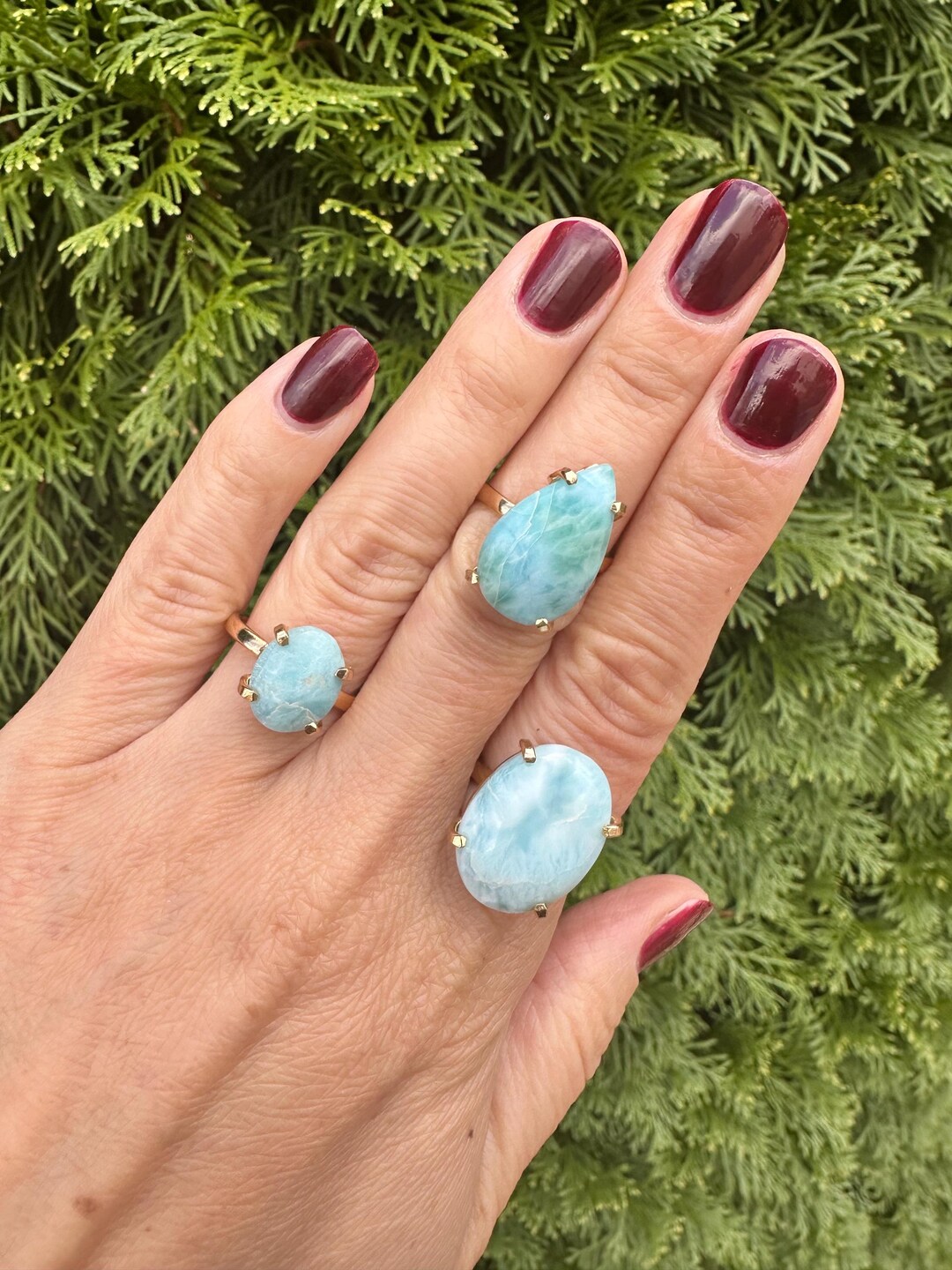 Larimar Cabochon Simple Band Adjustable Ring, Natural Larimar Gemstone ...