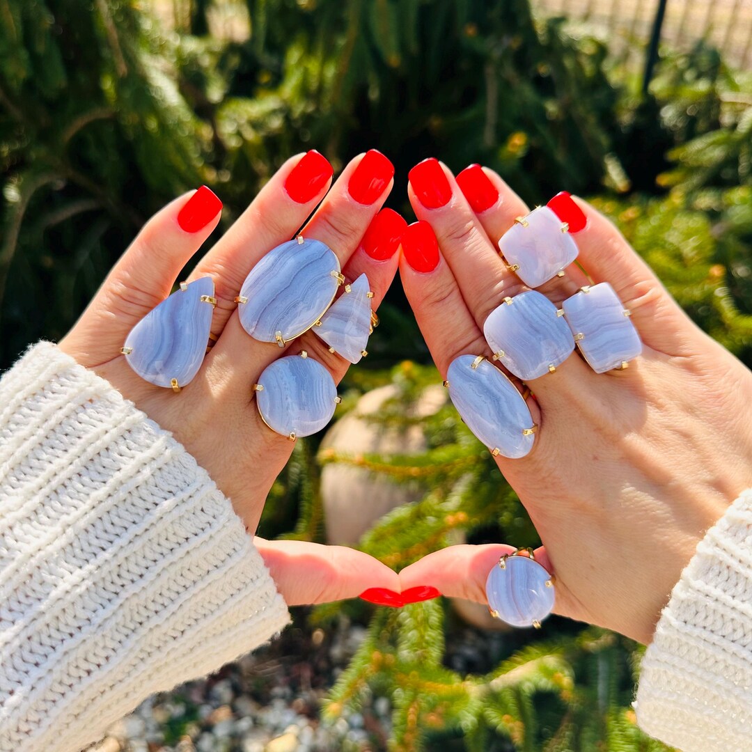 Natural Blue Lace Agate Statement Ring, 18K Gold or Silver Plated ...