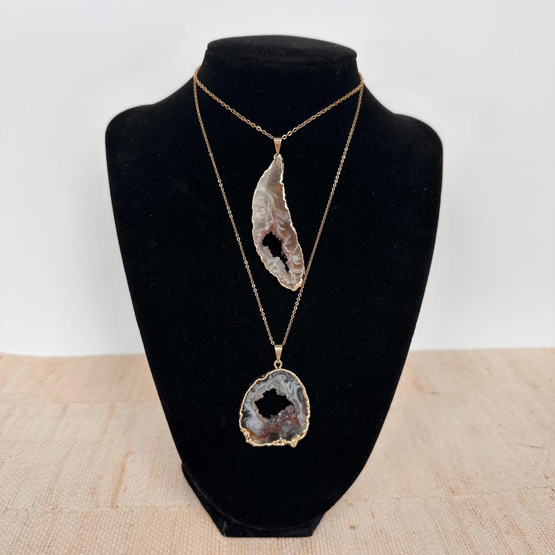 Geode Slice Pendant With Chain, Natural Agate With Druzy Crystals ...