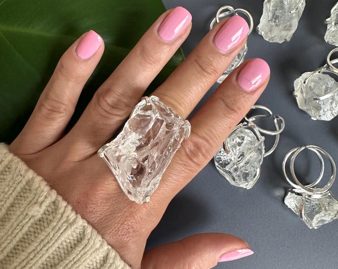 Oversized Silver Raw Clear Crystal Quartz Ring, Large Rough Crystal ...