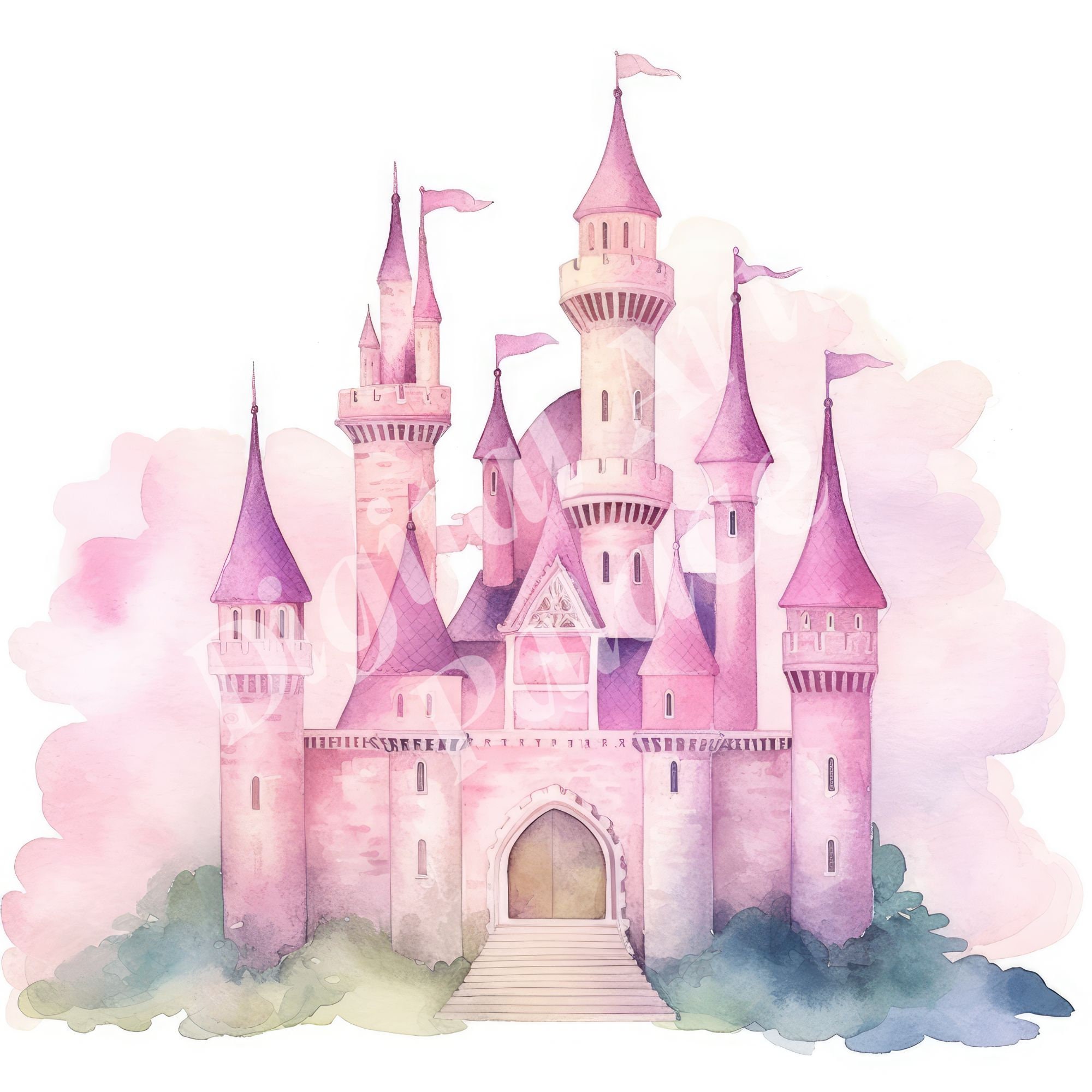 Princess Castle Clipart, Pastel Watercolor Castle Clipart, Jpgs ...