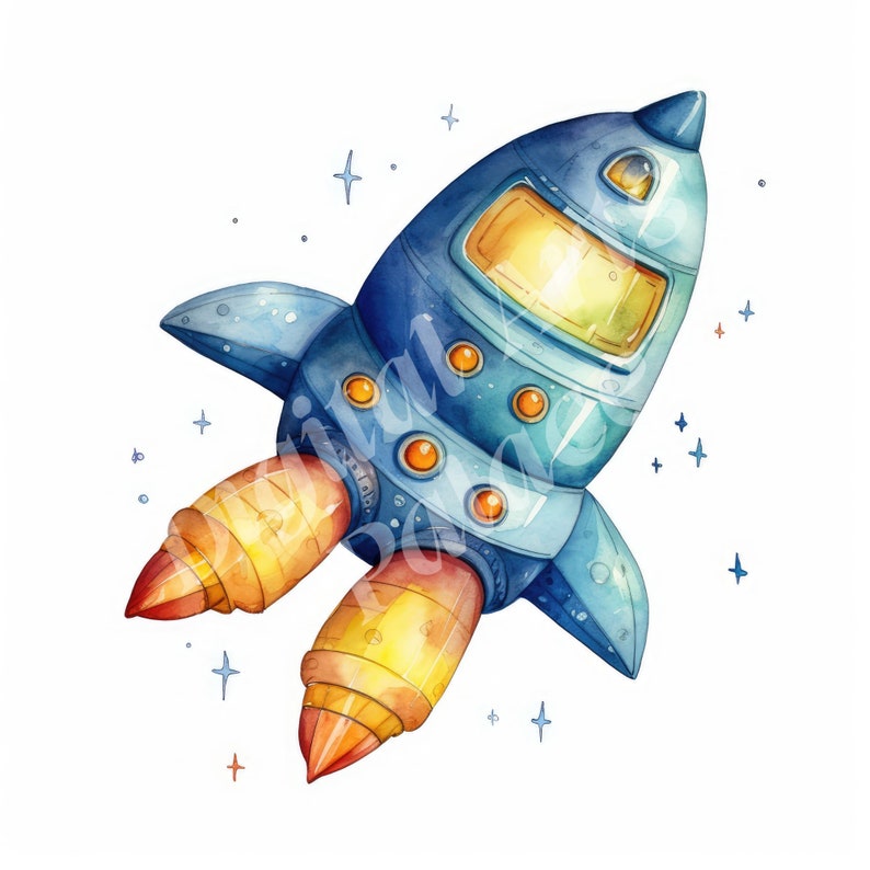 Cute Spaceship Clipart, Watercolor Spaceship Clipart, Jpgs, Instant ...