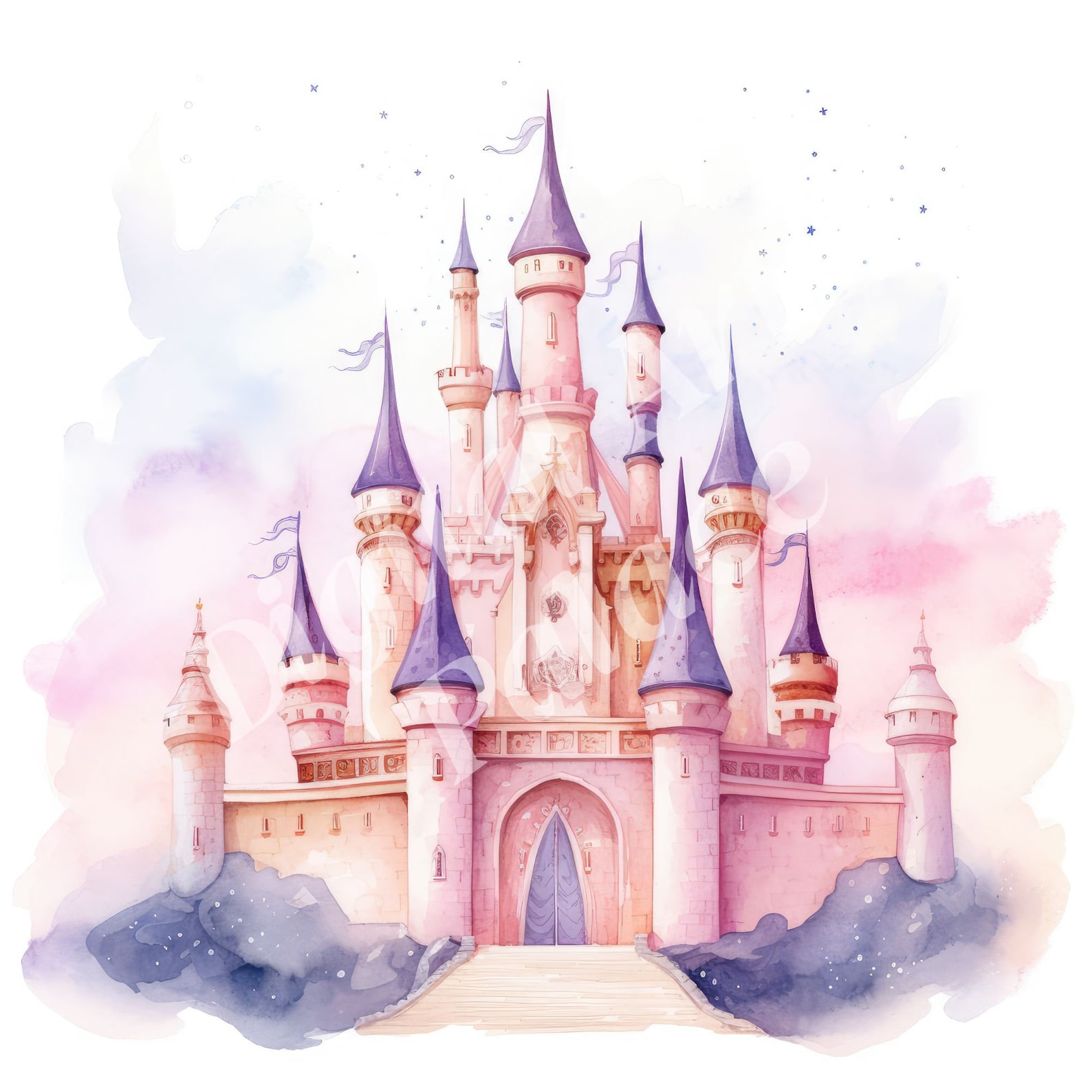 Princess Castle Clipart, Pastel Watercolor Castle Clipart, Jpgs ...