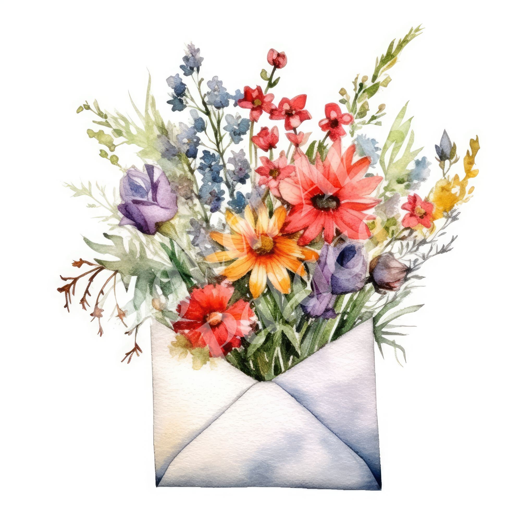 Flowers in Envelope Clipart, Watercolor Floral Clipart, Jpgs, Instant ...