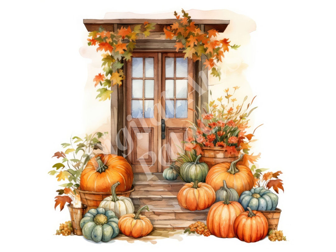 Pumpkin Door Clipart - Autumn Door Watercolor Clipart - Jpgs - Instant ...