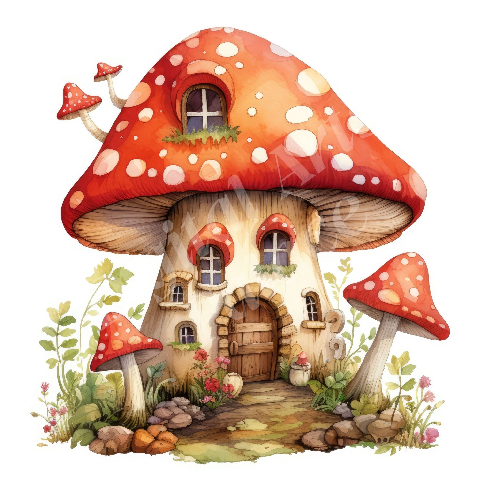 Toadstool House Clipart - Jpgs - Fantasy House Watercolor Clipart ...