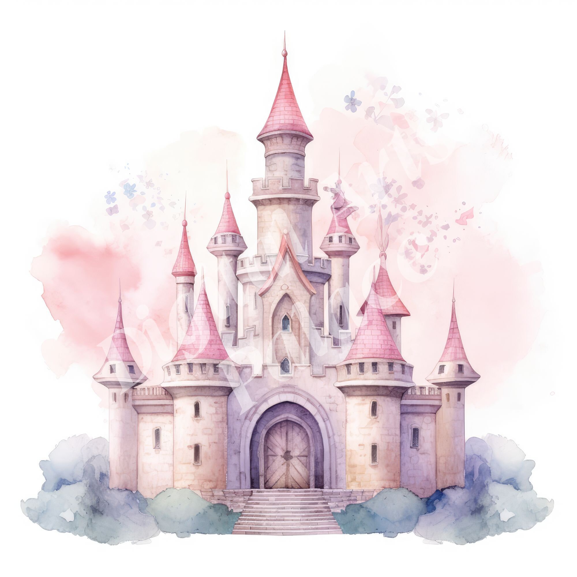 Princess Castle Clipart, Pastel Watercolor Castle Clipart, Jpgs ...