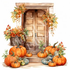 Pumpkin Door Clipart - Autumn Door Watercolor Clipart - Jpgs - Instant ...