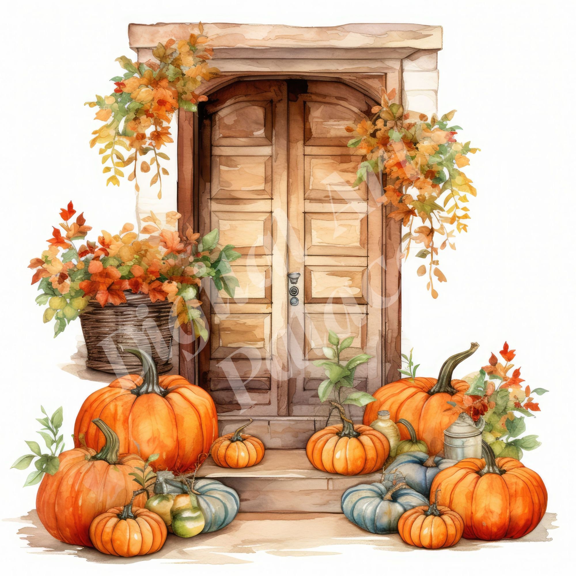 Pumpkin Door Clipart - Autumn Door Watercolor Clipart - Jpgs - Instant ...