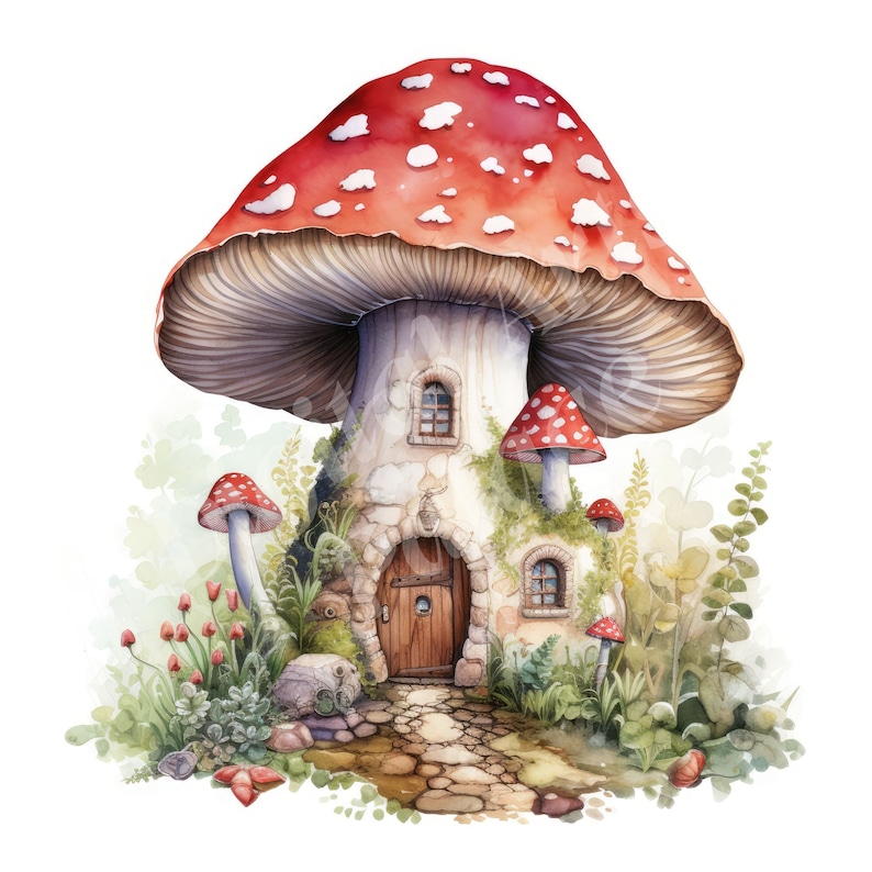 Toadstool House Clipart Jpgs Fantasy House Watercolor Clipart Instant ...