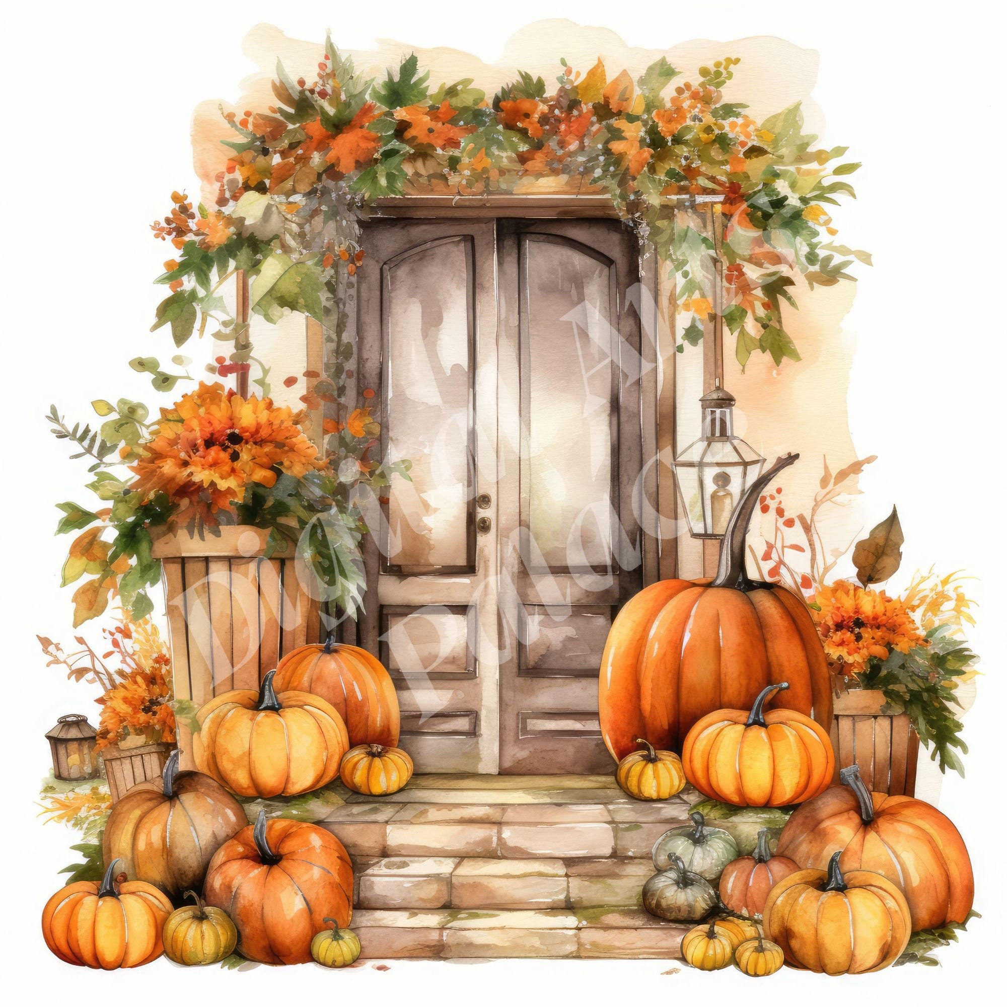Pumpkin Door Clipart - Autumn Door Watercolor Clipart - Jpgs - Instant ...