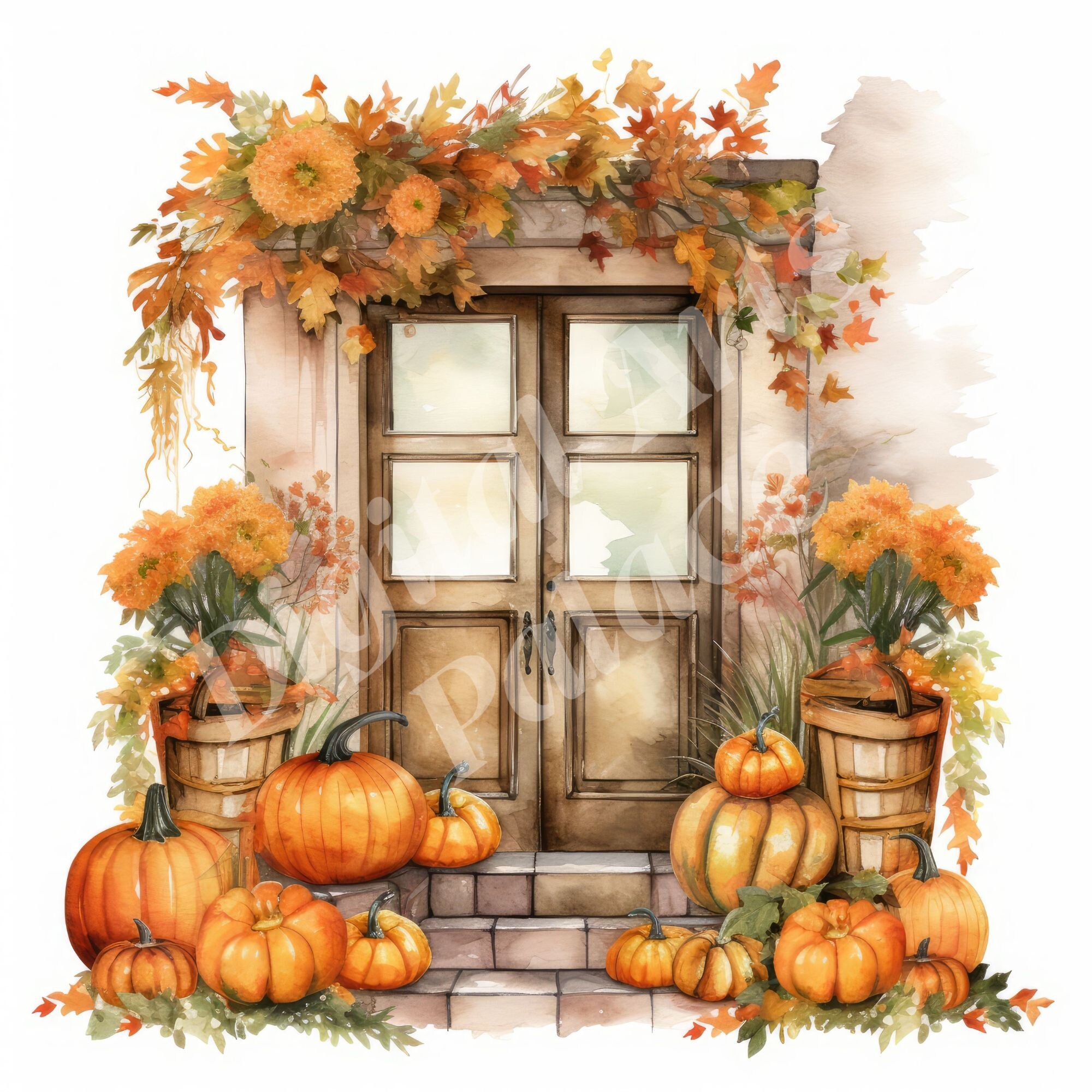 Pumpkin Door Clipart - Autumn Door Watercolor Clipart - Jpgs - Instant ...