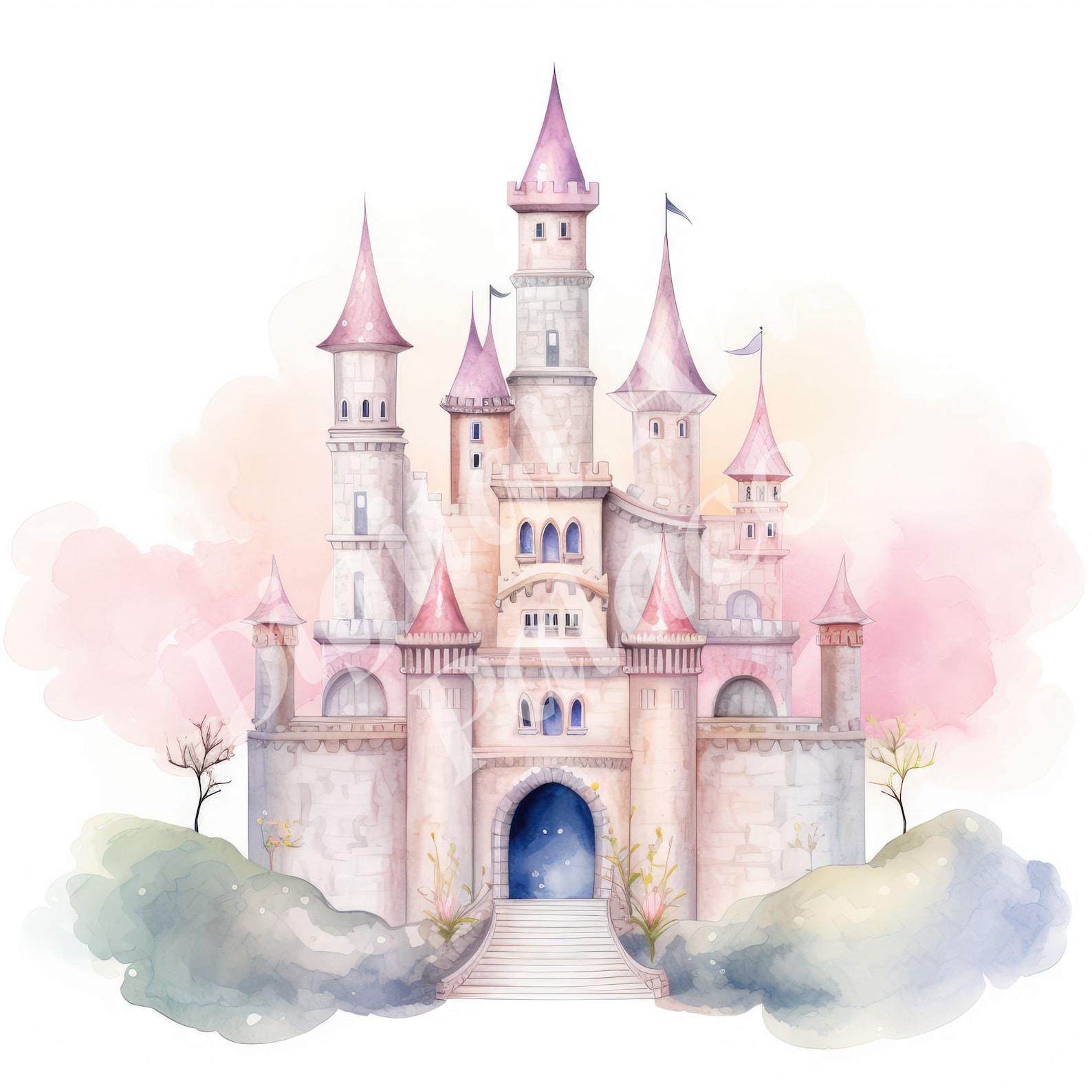 Princess Castle Clipart, Pastel Watercolor Castle Clipart, Jpgs ...